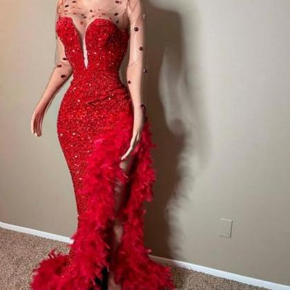 Red Sparkly Sequin Mermaid Prom Dresses Long For Women 2025 Crew Neckline Beading Crystal Long ...