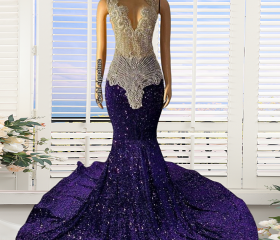Purple Crystal Prom Dresses Long For Women 2025 Beaded Sequins Illusion ...