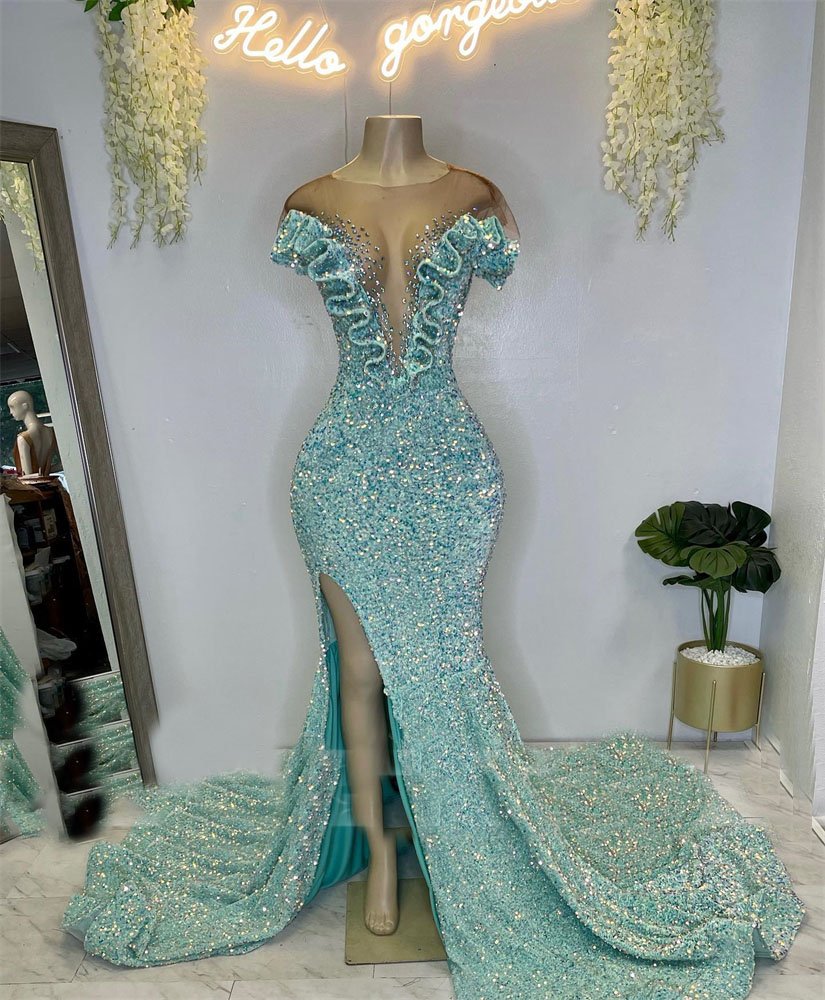 Light Blue Prom Dresses 2023 Sheer Crew Beaded Neckline Side Slit ...