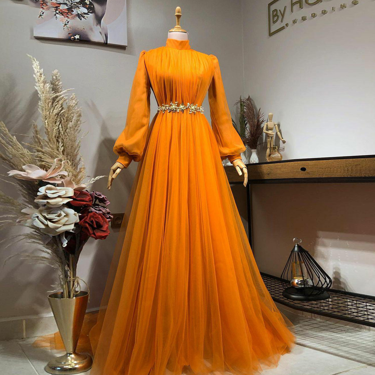 Orange Islamic Musilm Prom Evening Dresses Long Sleeve High Neck A-line ...
