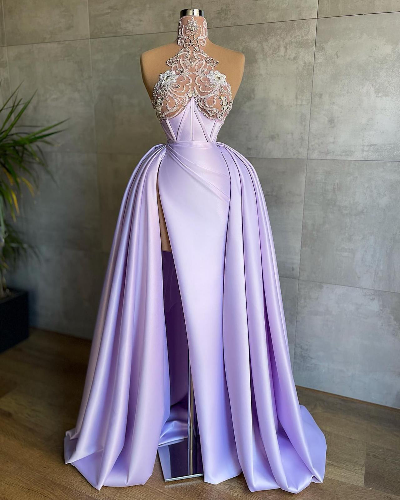 2023 Lilac High Neck Prom Dresses Beaded Ruffles Overskirt Satin Crystal High Split Custom Made ...