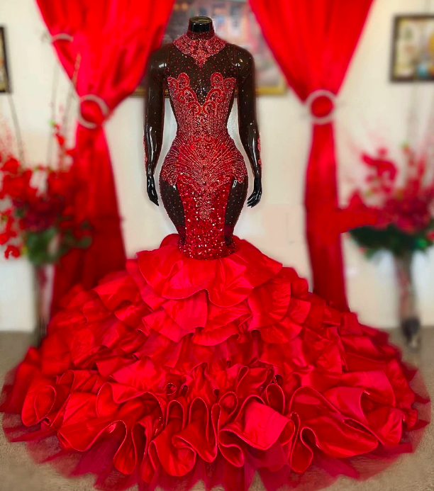 Red Ruffels Evening Dresses Luxury Crystal Beading Long Sleeve Prom ...