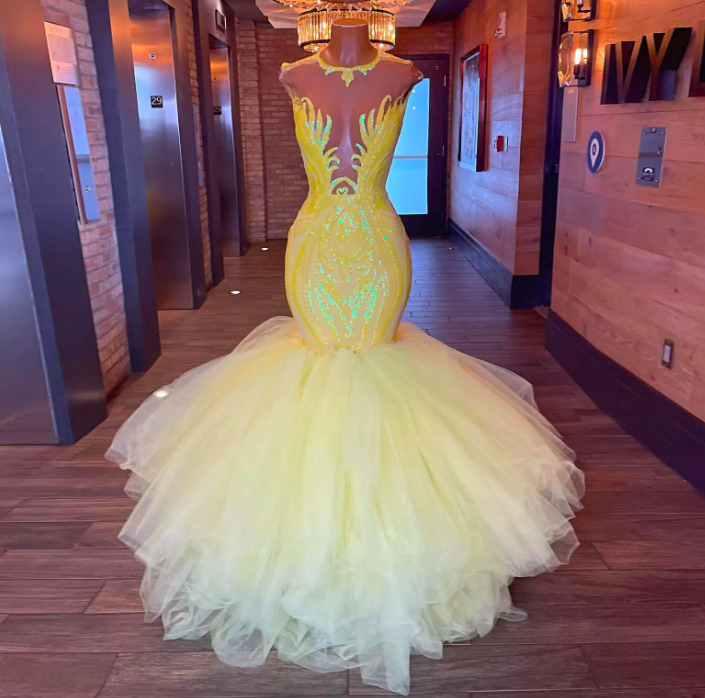 Sparkly Yellow Mermaid Prom Dresses 2023 For Women Sequined Sleeveless ...
