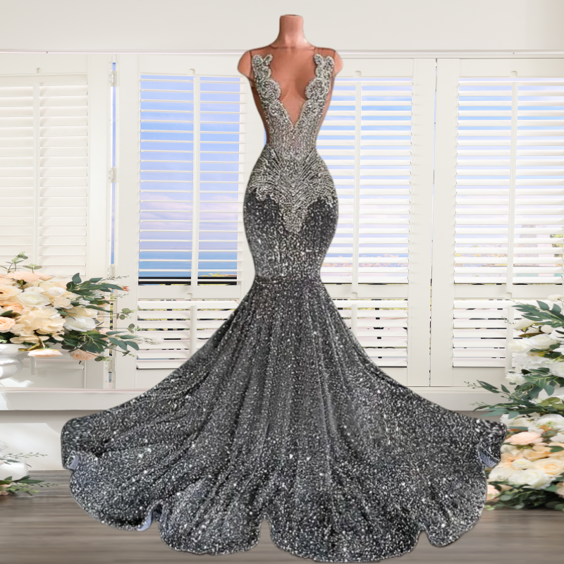 Grey Crystal Prom Dresses Long For Women 2025 Sheer Crew Neckline ...