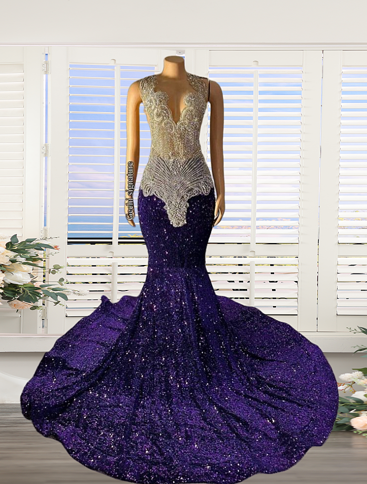 Purple Crystal Prom Dresses Long For Women 2025 Beaded Sequins Illusion ...