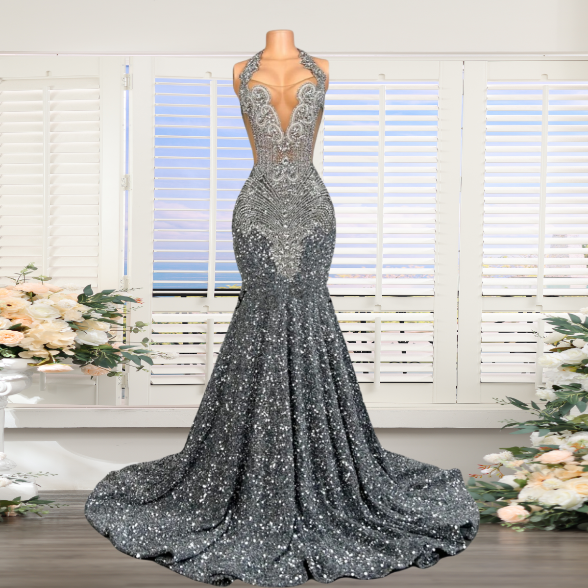 Sparkly Grey Sequin Mermaid Prom Dresses 2024 Luxury Silver Crystal Beaded Sheer Neck Long Prom ...