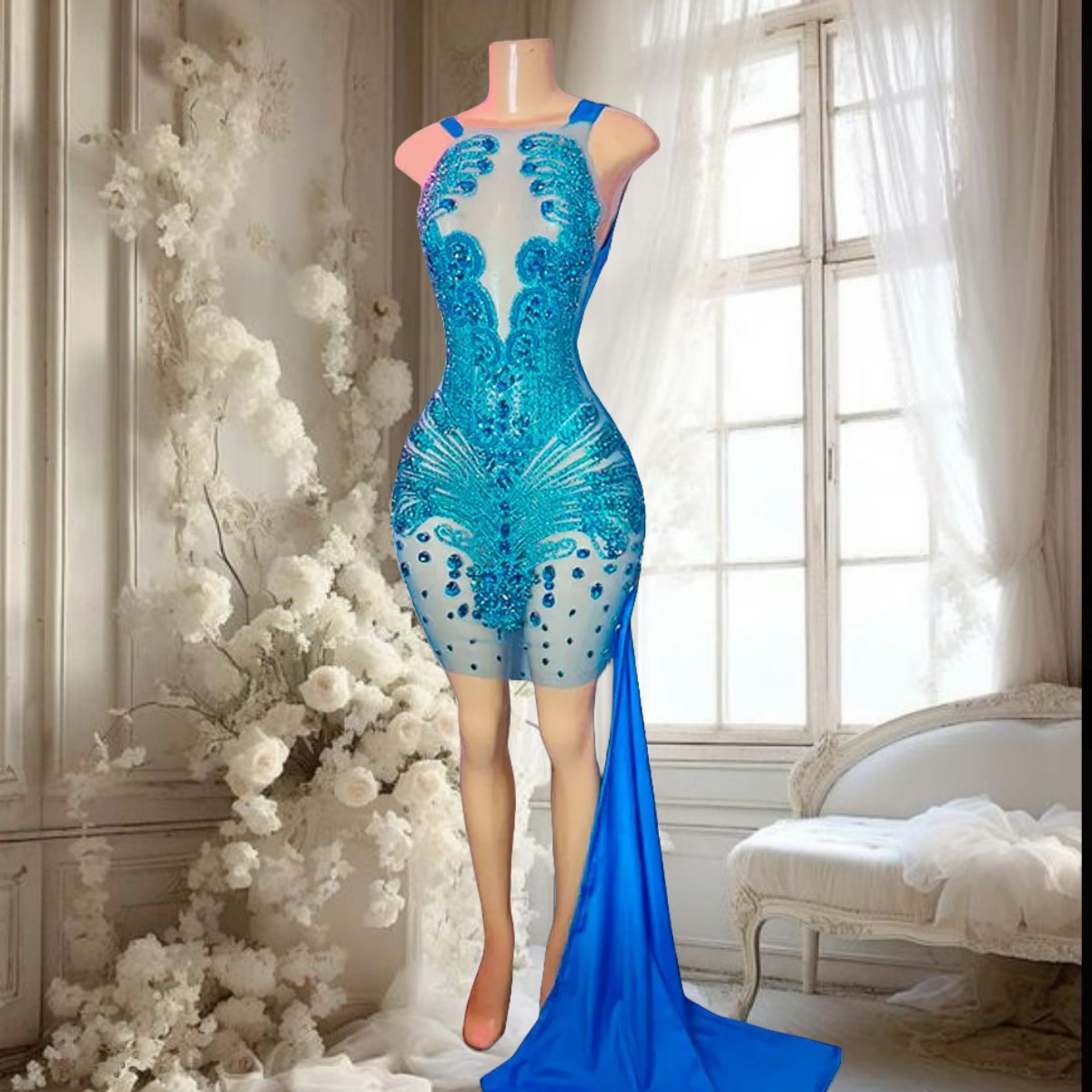 Turquoise Crystal Prom Dresses Long For Women 2025 Crew Neckline ...