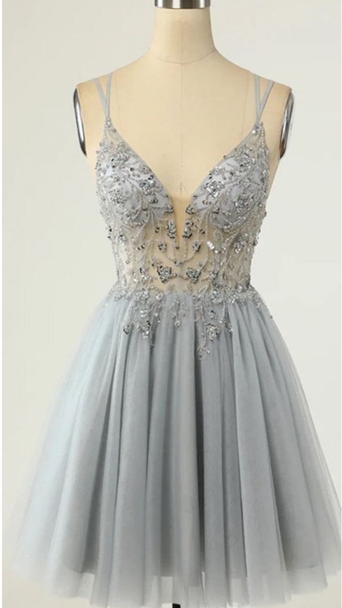 Silver Short Prom Dresses For Teen 16 18 Spaghetti Straps Tulle Lace ...