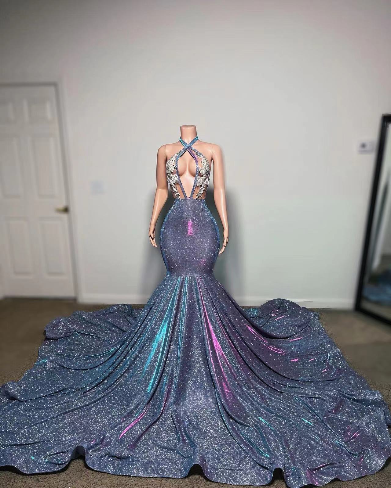 Blue Prom Dresses Long For Women 2025 Halter Neckline Lace Appliques ...