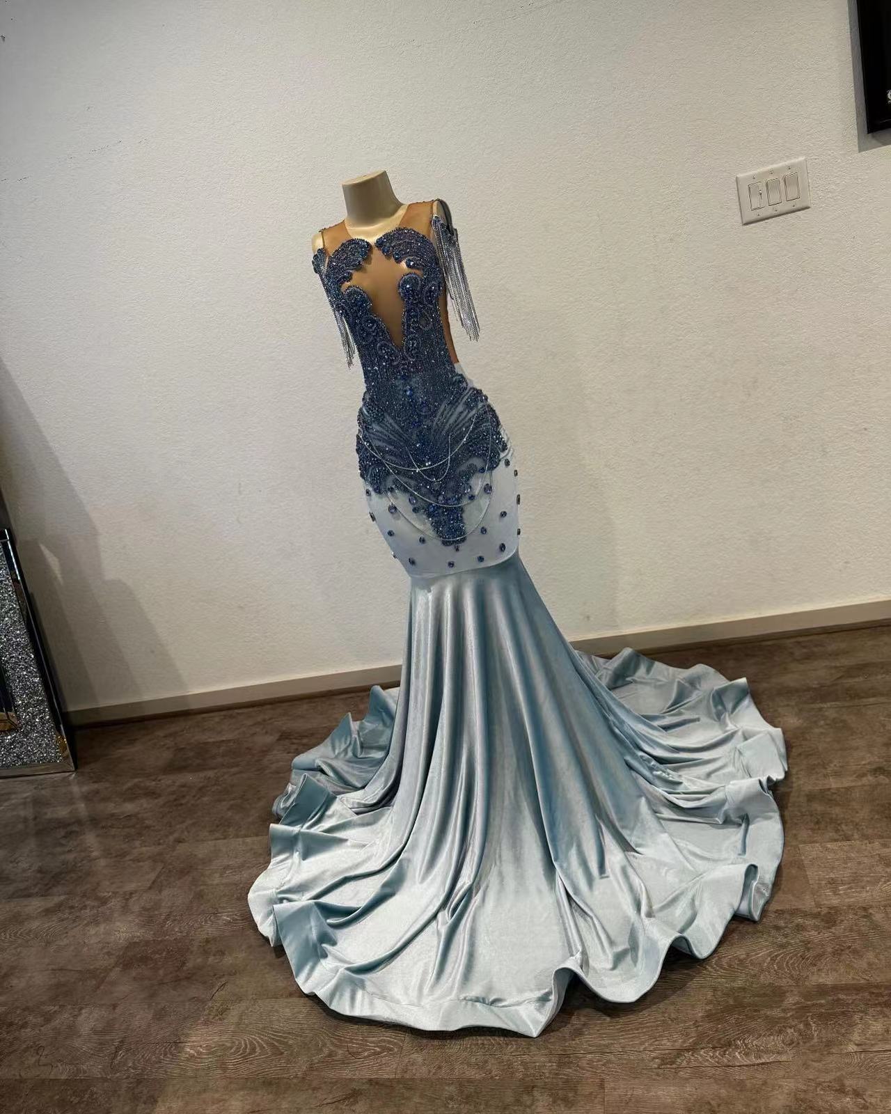 Blue Prom Dresses Crystal Long For Women 2025 Beaded Sequins Mermaid ...