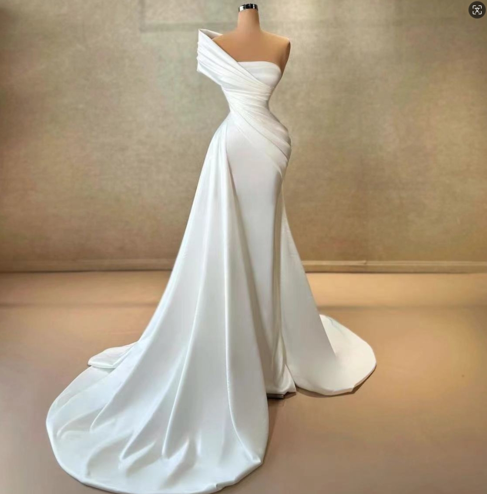 One Shoulder Satin Mermaid Wedding Dresses For Bride 2025 Pleated ...