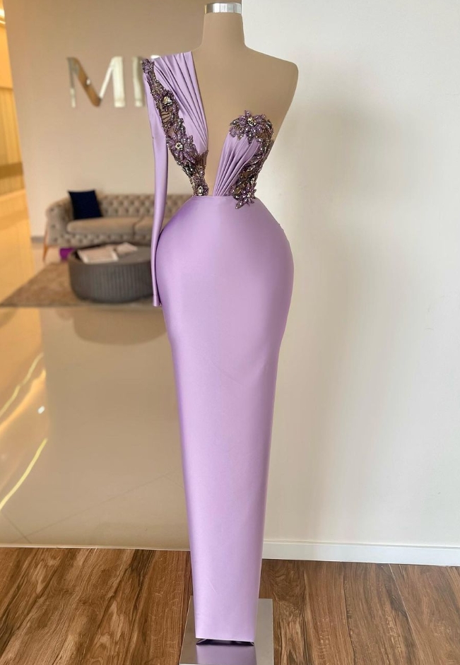 Lilac One Shoulder Satin Prom Dresses Long For Women 2025 Pleated ...