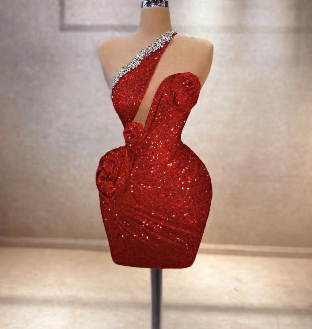 Red One Shoulder Sparkly Sequined Short Prom Dresses For Teen 18 ...