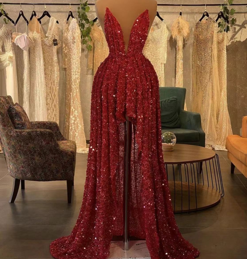 Sparkly Sequined Red Prom Dresses Long For Women 2025 V Neck Pleated ...