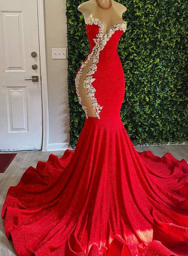 Red Mermaid Satin Prom Dresses Long For Women 2025 Beading Pearls Tight ...