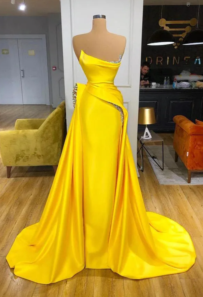 Chic Yellow Tiered Evening Dresses Strapless Satin Detachable Prom ...