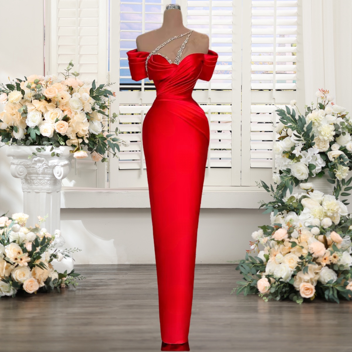 Elegant Red Evening Dresses Mermaid Satin Pleated Sexy Off The Shoulder ...