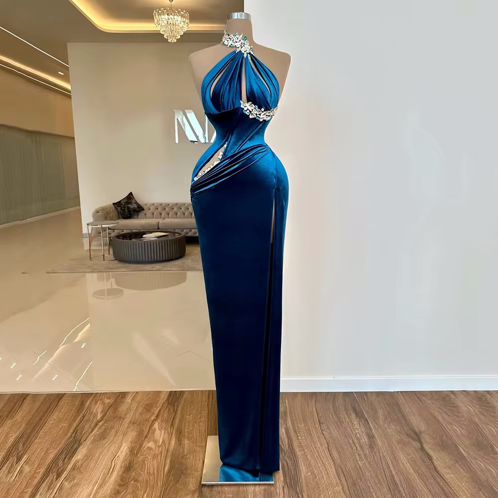 Royal Blue Velvet Evening Gown Mermaid Prom Dress Beaded Velour Pageant ...