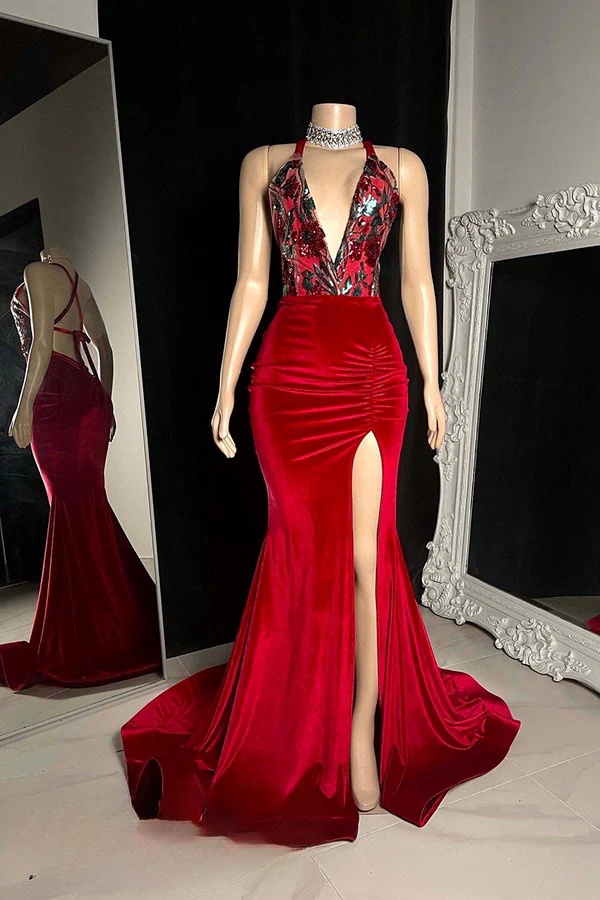 Wine Red Velvet Sparkly Sequin Prom Dresses Long For Women 2025 Halter ...