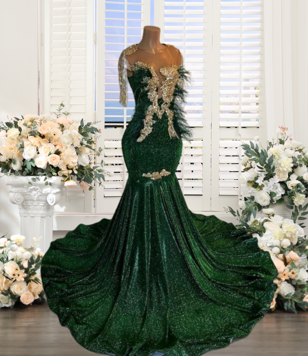 Emerald Green Sparkly Sequin Crystal Feather Prom Dresses Long For Women 2025 Lace Appliques ...