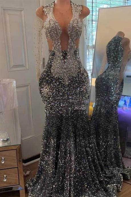 Long Sparkly Prom Dresses 2023 Sexy Sheer Top Luxury Diamond Light Blue ...