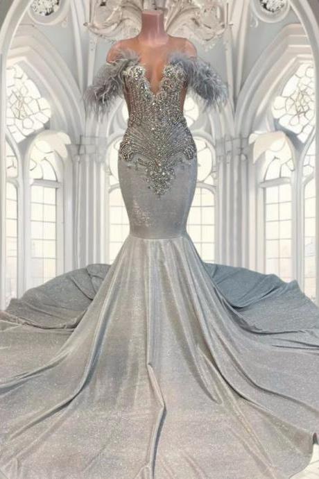 Long Sparkly Prom Dresses 2023 Sexy Sheer Top Luxury Diamond Light Blue ...