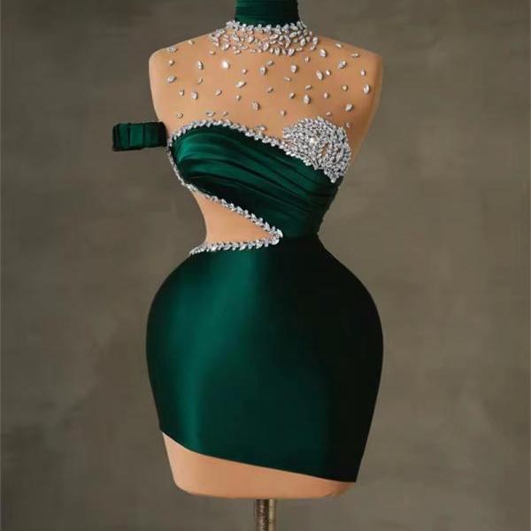 High Sheer Neckline Crystal Stones Stunning Cocktail Dress Beaded ...