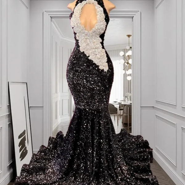 Custom Black Long Sparkly Sequined Prom Dresses 2023 Mermaid Style With Full Sleeve Ruffle ...