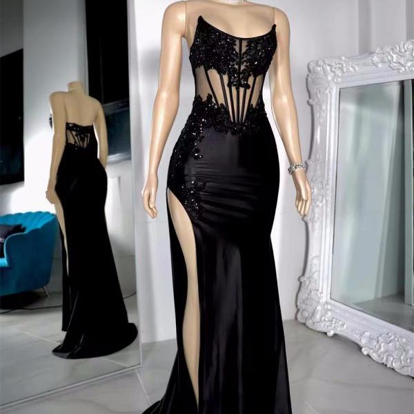 Strapless Black Beaded Crystals High Split Prom Dresses Black Girls ...