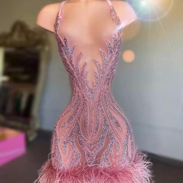 Long Pink Prom Dresses 2023 Sexy Mermaid High Neck Luxury Sparkly Silver Diamond Black Girl Prom ...