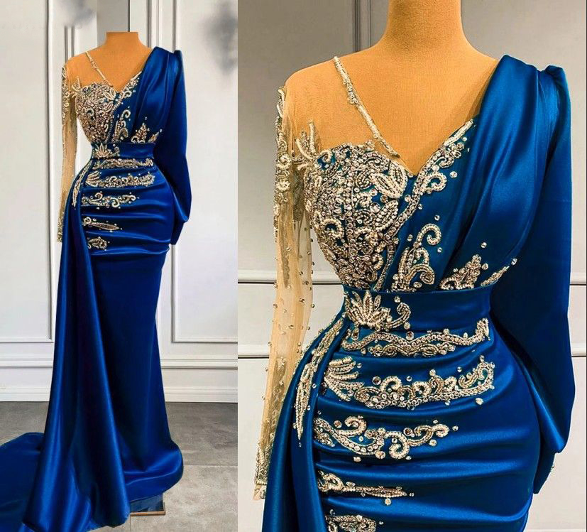 Elegant Satin Mermaid Prom Dresses With Long Sleeves Rhinestones Beaded ...