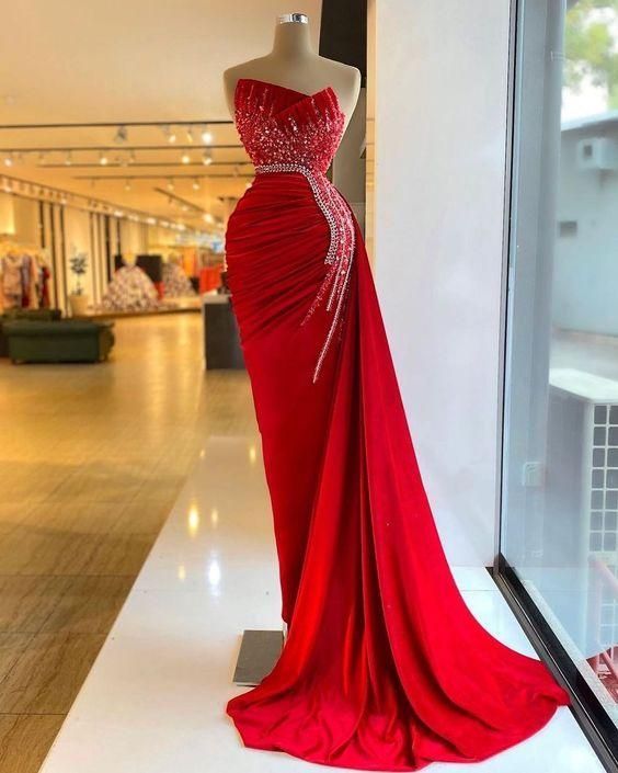 Red Prom Dresses, Pleats Prom Dresses, Beaded Prom Dresses, Custom Make ...