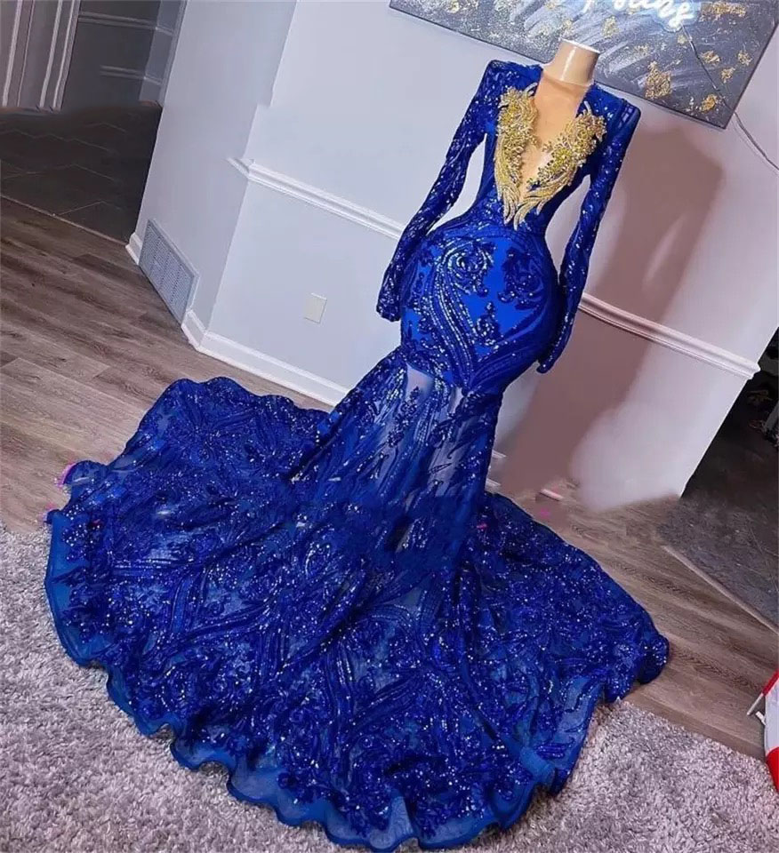 Royal Blue Sequin Mermaid Prom Dresses 2023 Luxury For Black Girl Gold Beads Long Sleeve Women ...