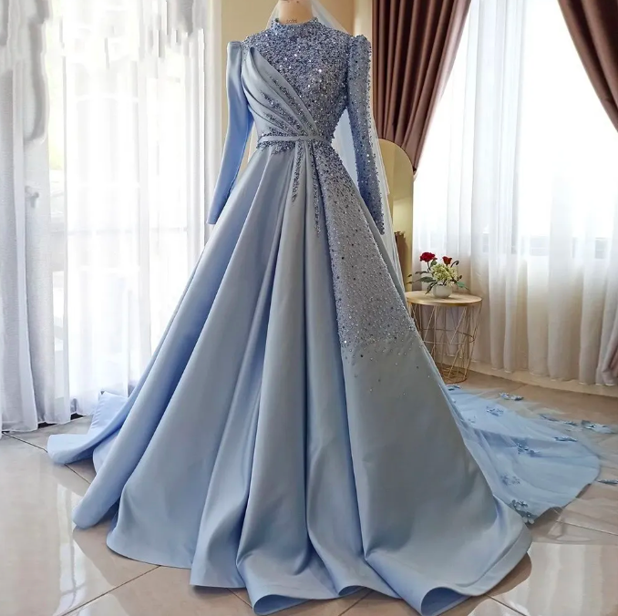 Elegant Satin Muslim Prom Dress 2023 High Neck Long Sleeves A-line ...