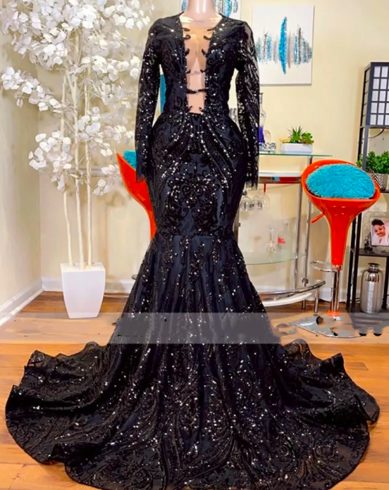Elegant Black Mermaid Long Sleeve Prom Dresses High Neck Sequin Black Girls Evening Gowns 2023 ...