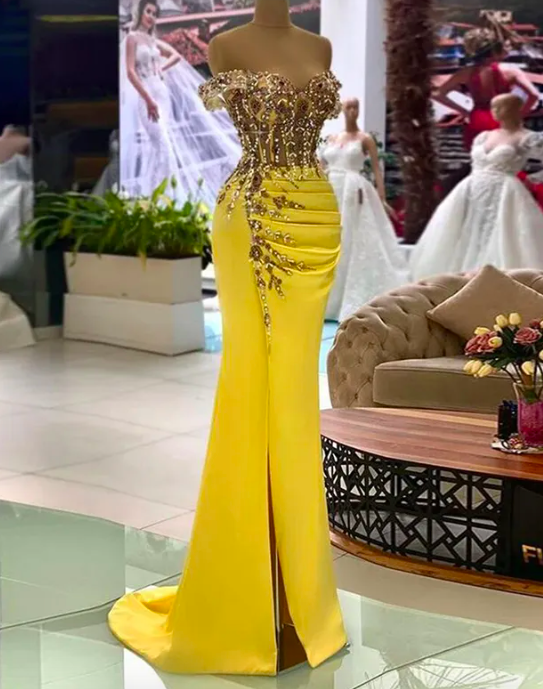 Yellow Mermaid Evening Dresses Long Prom Dress Sexy Side Split Beading ...