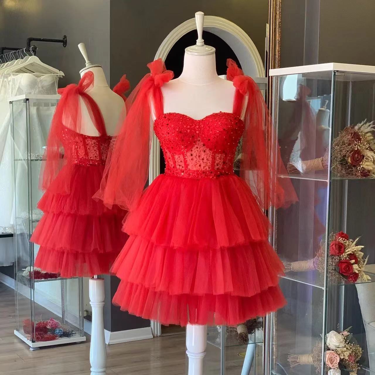 Red Short Prom Dresses Spaghetti Straps Bowknot Tiered Tulle Homecoming ...