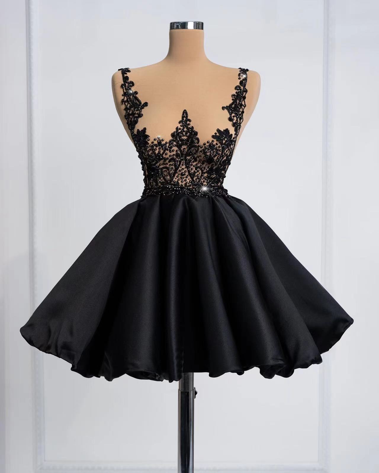 Black Short Graduation Dresses Mini Homecoming Dresses Sheer Crew ...