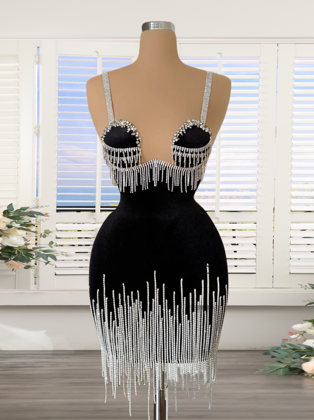 Black Tassel Short Prom Dresses Spaghetti Straps Sparkly Crystal Short ...