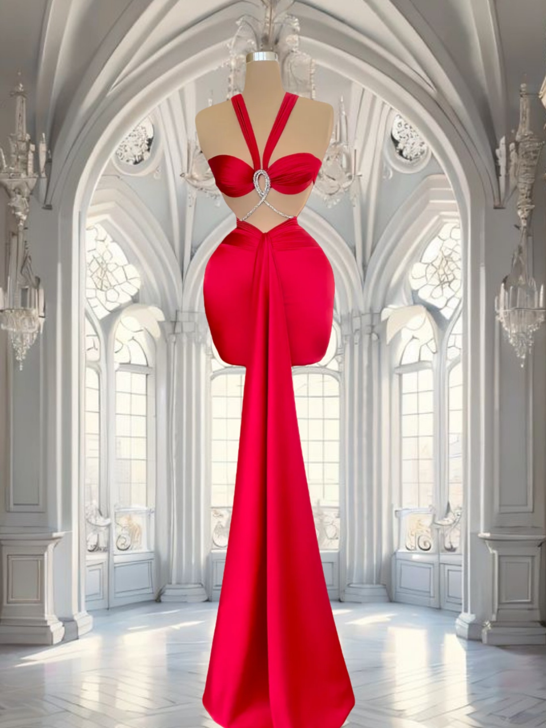 Red Satin Prom Dresses Halter Neckline Pleated Satin Sheath Formal ...