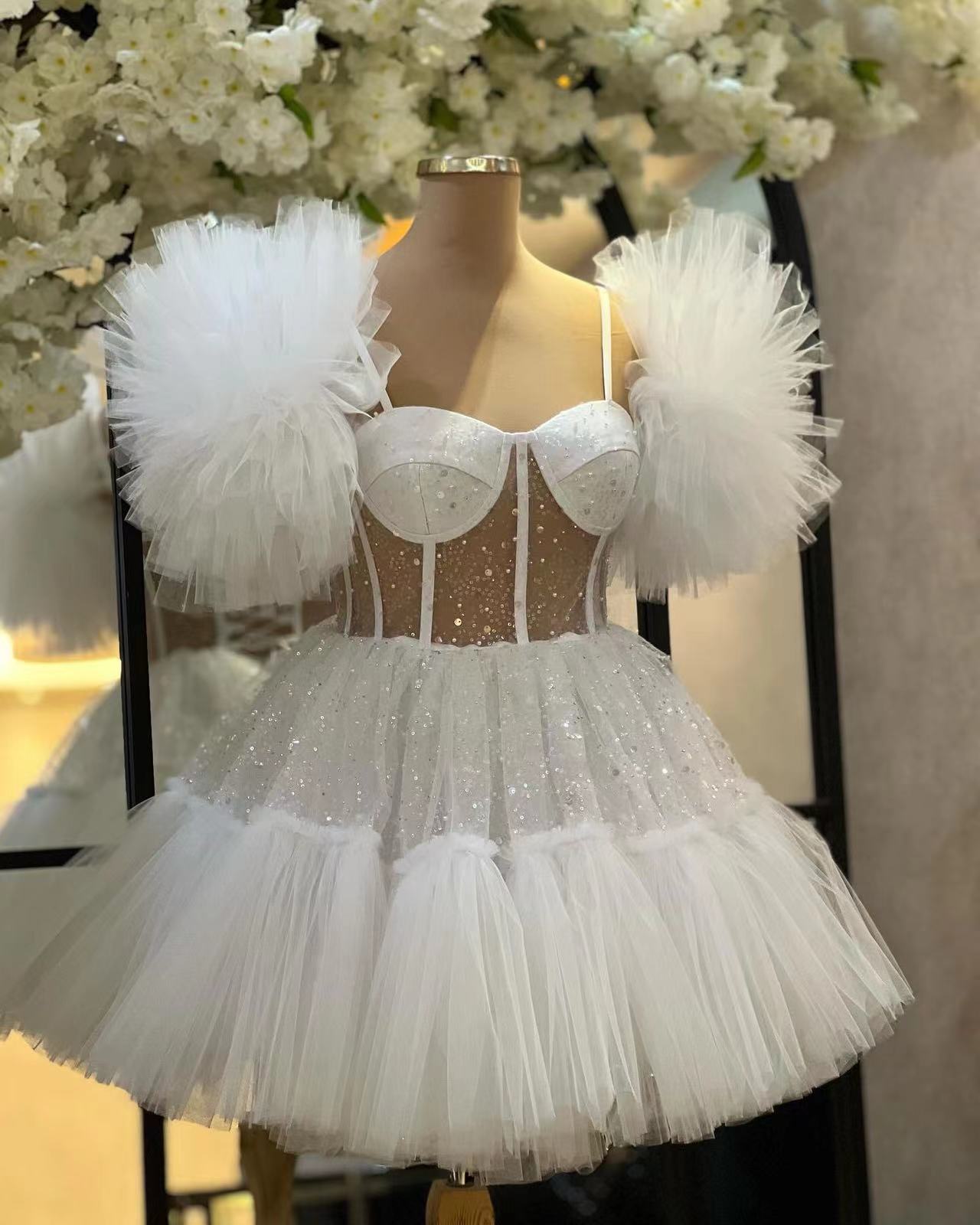 Sparking White Short Graduation Dresses Short Sleeve Glitter Sequins ...