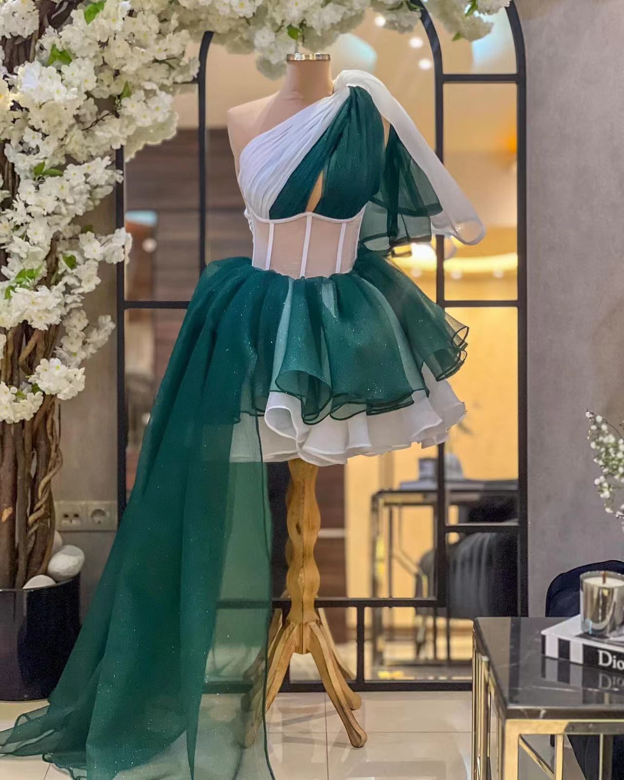 Organze Green One Shoulder Prom Dresses Bow Corset Short Graduation ...