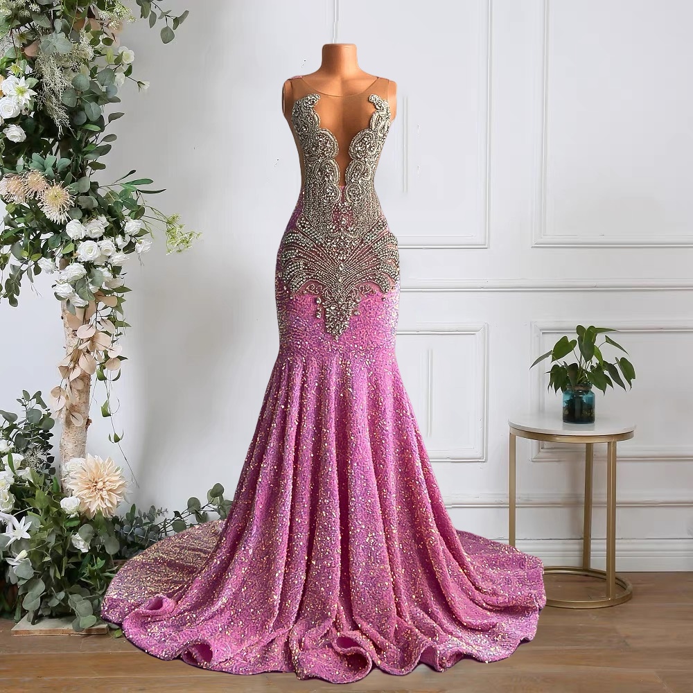 Sparkly Pink Crystal Prom Dresses Long For Women 2025 Crew Necklline ...
