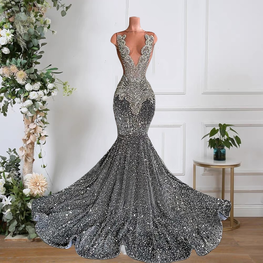 Silver Gray Prom Dresses Crystal Luxury Beaded Formal Evening Gowns For ...