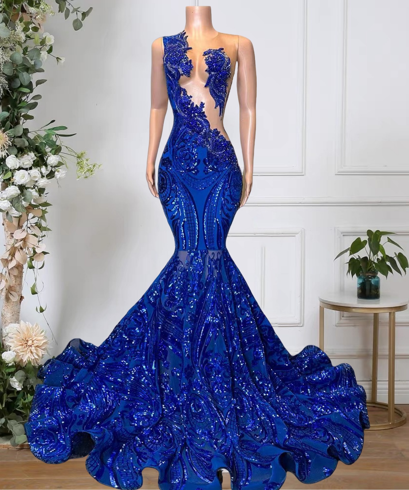 Royal Blue Sparkly Sequin Mermaid Prom Dresses Long For Women 2025 Crew Neckline Lace Appliques ...