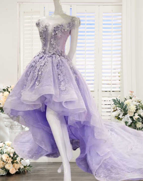 Lilac High Front And Low Back Prom Dresses Crew Neckline Cap Sleeve ...