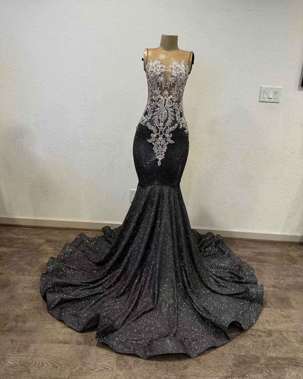 Black Sparkly Mermaid Prom Dresses Long For Women 2025 Crew Neckline Beading Sequin Crystal Lace ...