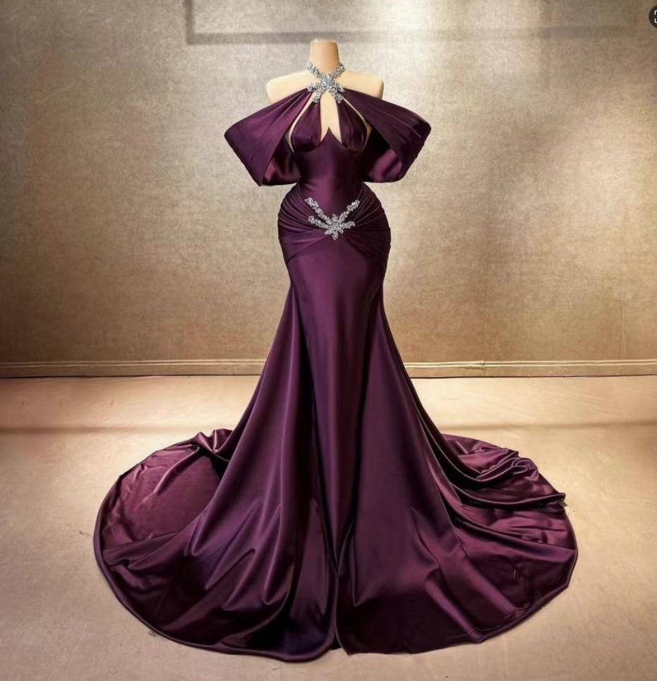 Grape Mermaid Prom Dreses Long For Women 2025 Satin Pleated Lace ...
