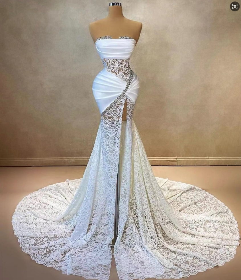 Mermaid Strapless Wedding Dresses For Bride 2025 Lace Crystal Beading ...