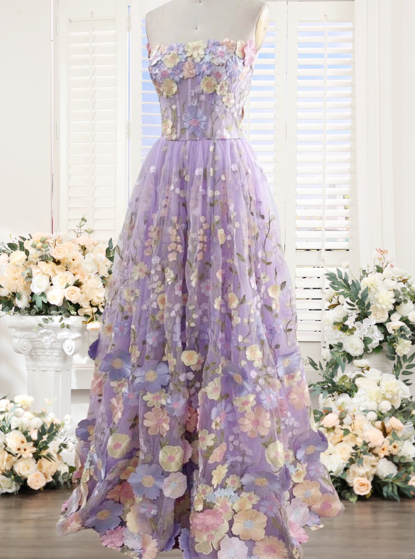 Embroidery Flowers Lilac Prom Dresses Long For Women 2025 Strapless ...